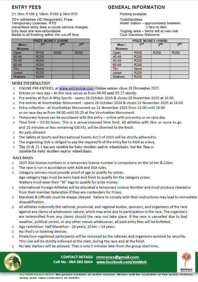 Muller Potgieter Voortrekker Monument 5 10 21km | Entry Ninja – the ...