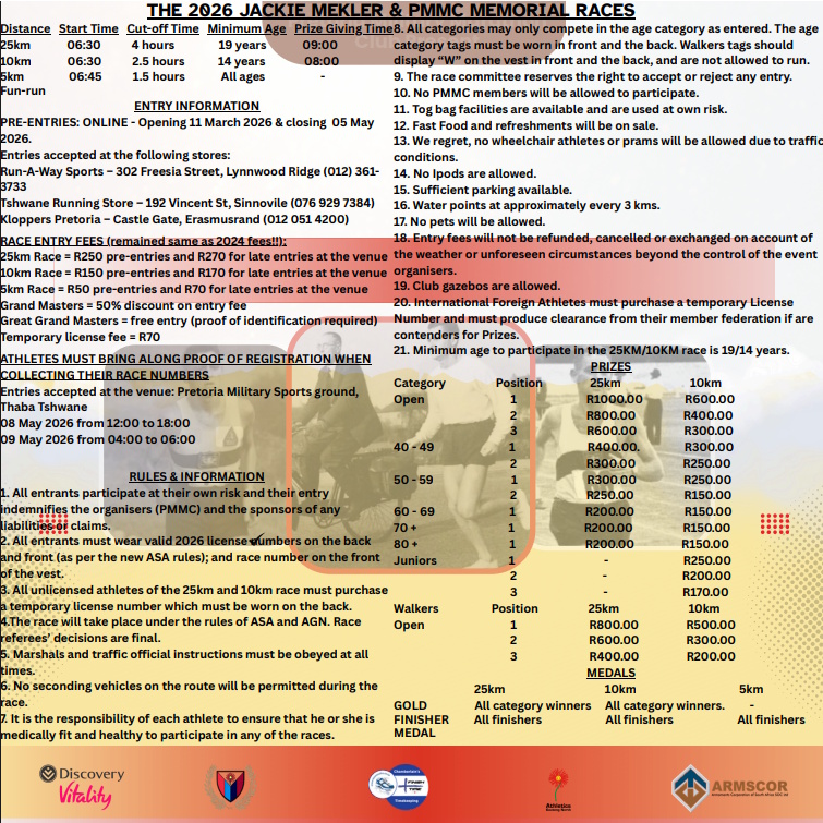 Jackie Mekler Memorial Race 2026 — 9 May 2026 — Centurion | Starting Line