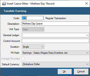 Payroll Module > Step 3 - Edit Menu > Transaction Codes > Leave